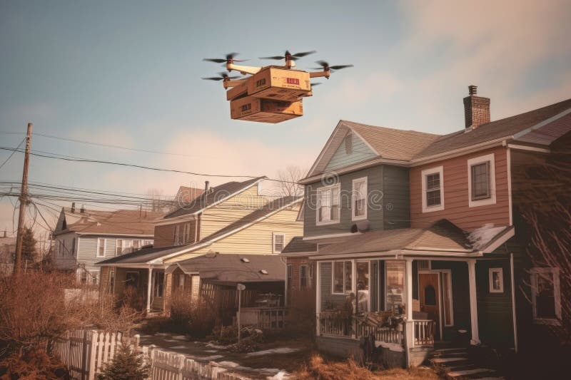 Drone Carrying Meal Box Flying Over Houses Stock Illustration ...