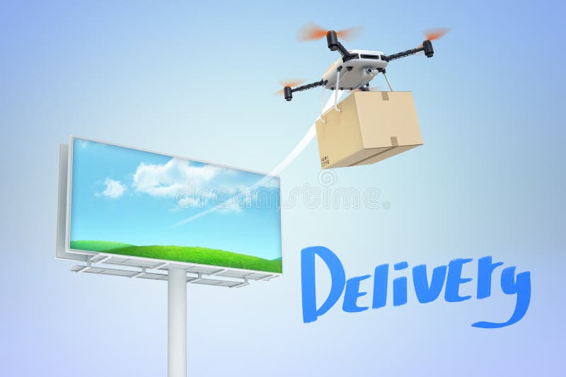 Drone Carrying a Package from Billboard Stock Photo - Image of ...