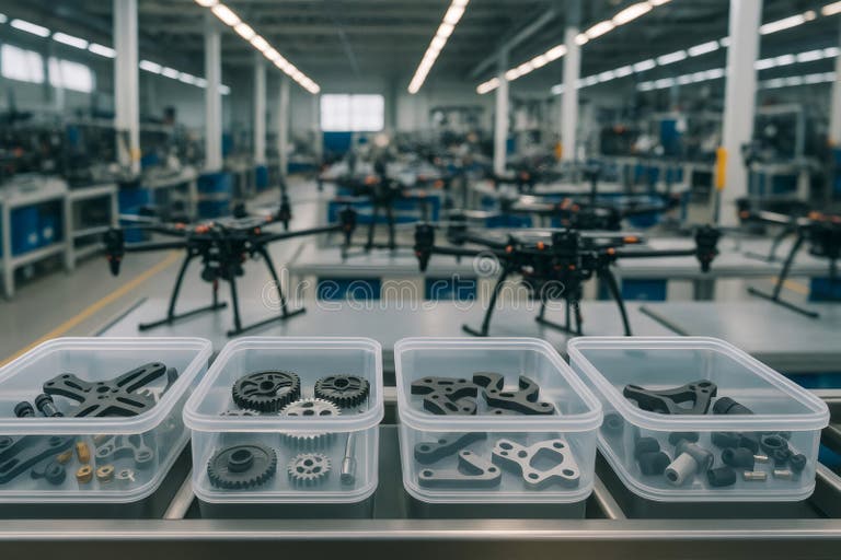 Drone Components in Boxes Inside a Drone Factory Stock Illustration ...
