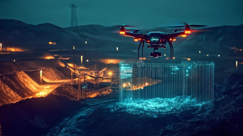 Drone Conducting Digital Operations at Industrial Site at Night Stock ...