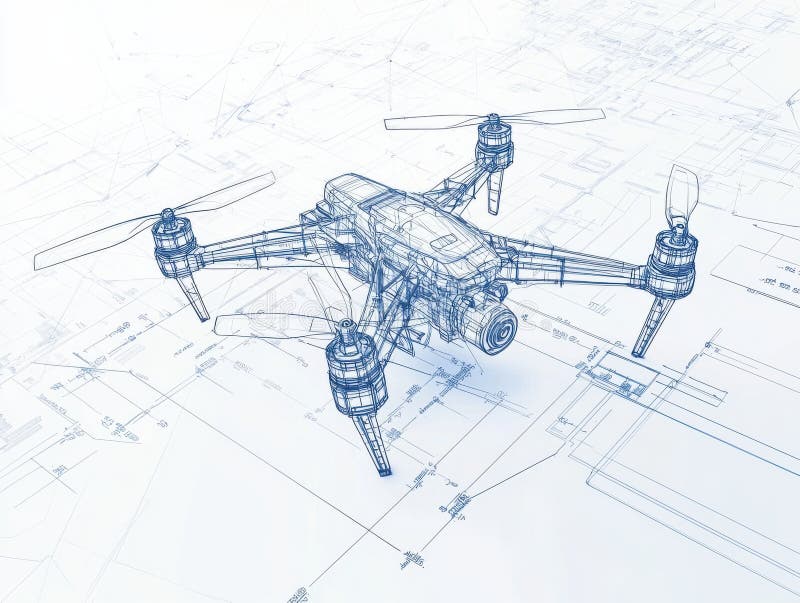 Drone with Construction Blueprints on Its Surface Flying Above a ...