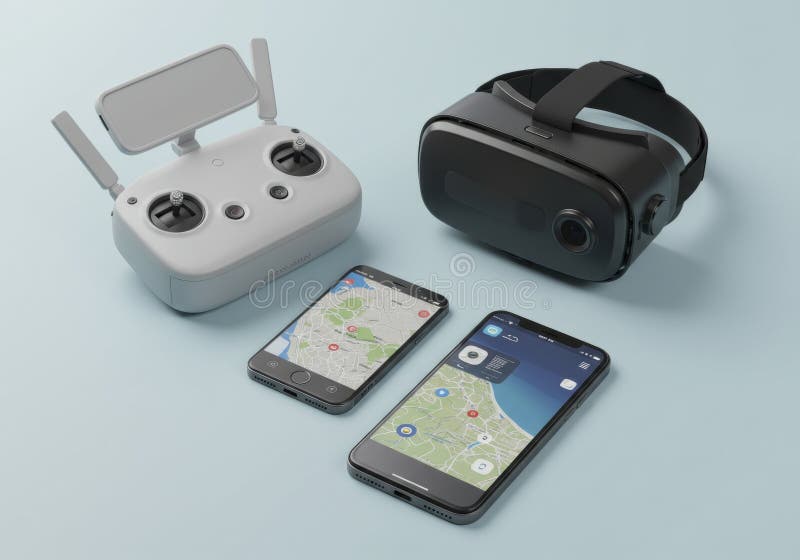 Drone Controller and Virtual Reality Headset with Phones Showing Map ...