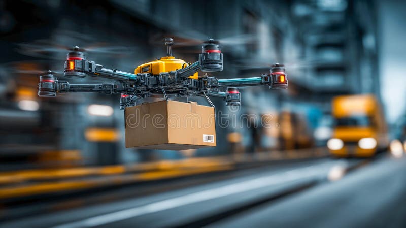 A Drone Courier Carrying a Box in a Warehouse or Logistics Center. the ...