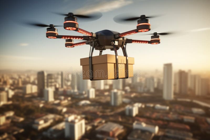 Drone Delivering a Box Package Parcel Flying in Sky Over the City Stock ...