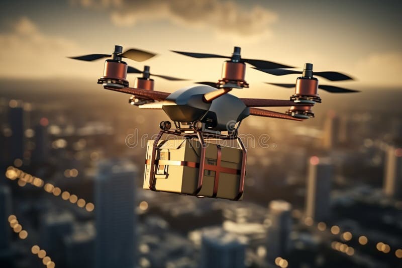Drone Delivering a Box Package Parcel Flying in Sky Over the City Stock ...