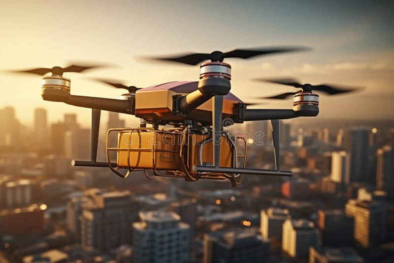 Drone Delivering a Box Package Parcel Flying in Sky Over the City Stock ...