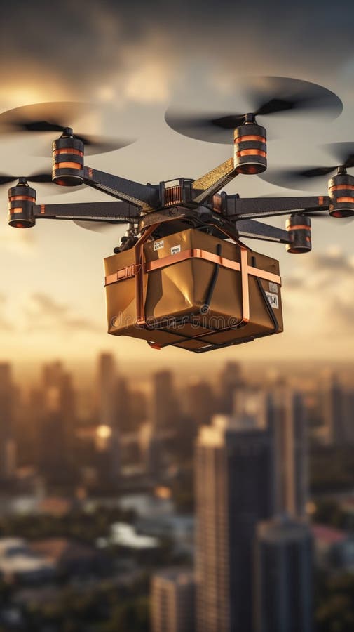Drone Delivering a Box Package Parcel Flying in Sky Over the City Stock ...