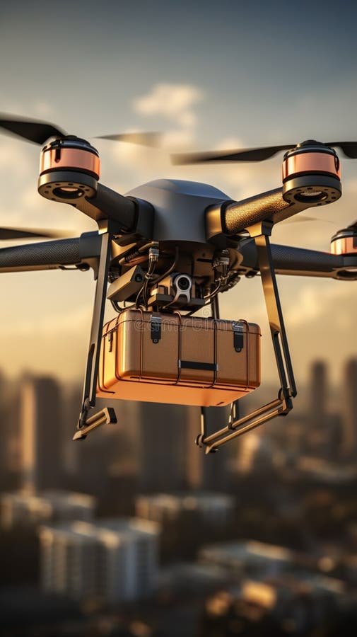 Drone Delivering a Box Package Parcel Flying in Sky Over the City Stock ...