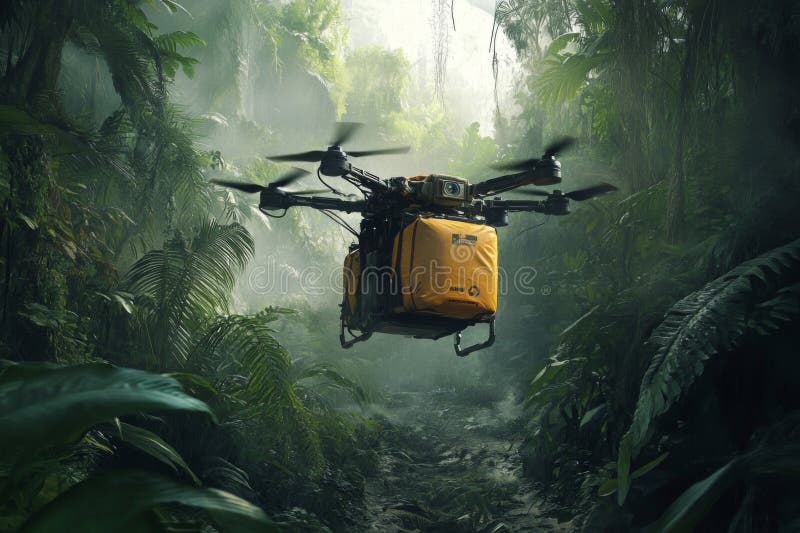 Drone Delivering Package through Dense Rainforest Stock Illustration ...