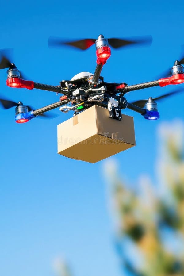 Drone Delivering Package Flying in Blue Sky Stock Photo - Image of ...