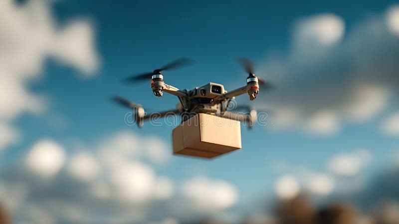 Drone Delivering Package Flying in Cloudy Sky Stock Image - Image of ...