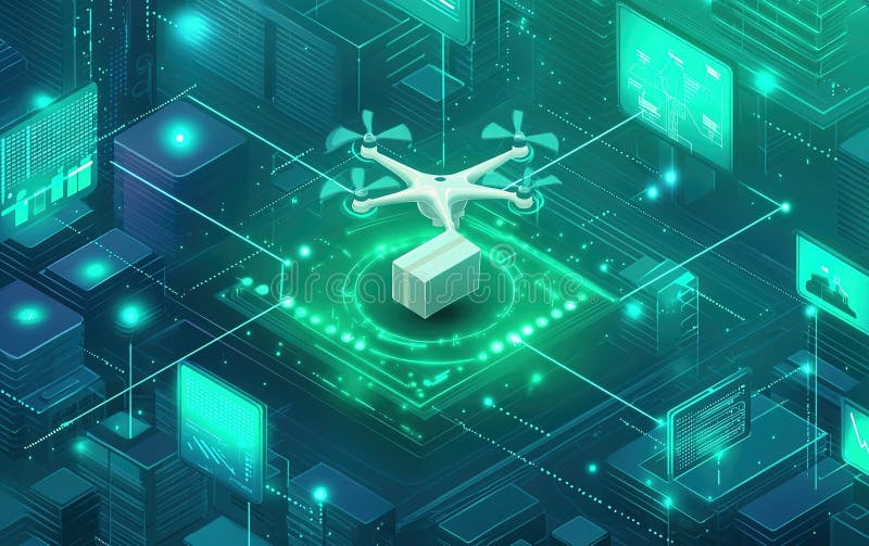 A Drone Delivering a Package in a Futuristic Digital Environment with ...