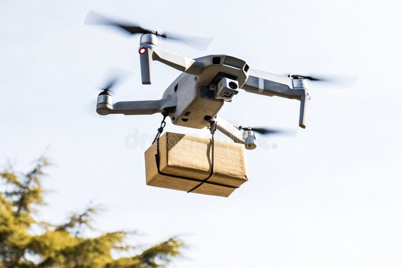 Drone Delivering Package in Midair Flying Over Sky Modern Innovative ...