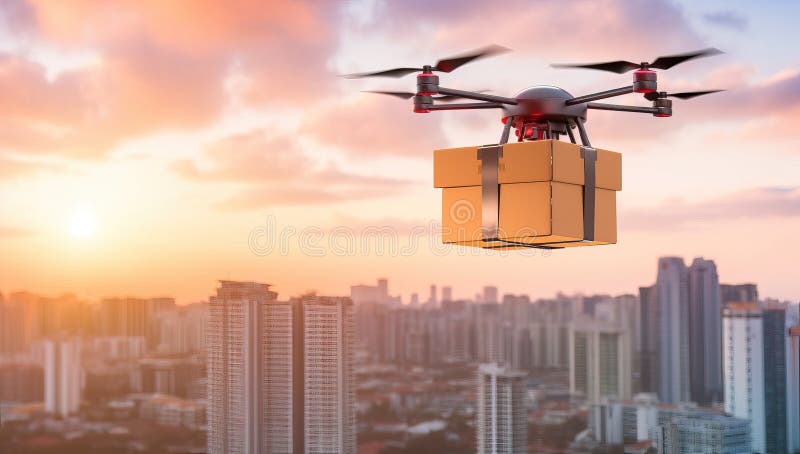 Drone Delivering Package Over City Skyline Stock Image - Image of ...