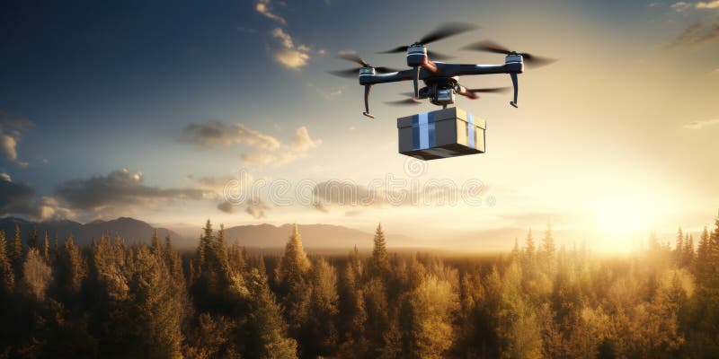 Drone Delivering Package. Quadcopter in Flight with Cargo Against ...