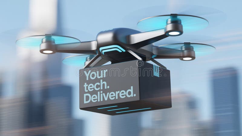 Drone Delivering a Package with Text Your Tech. Delivered. in the City ...
