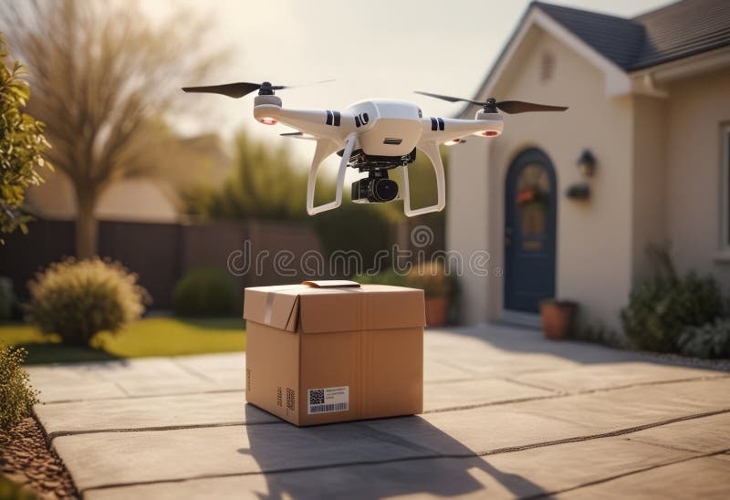 Drone Delivering Package To Home Stock Photo - Image of transportation ...