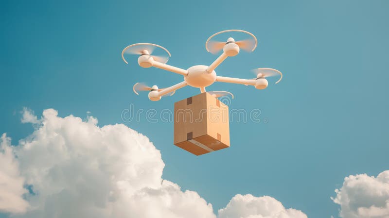 Drone Delivering Package Under Blue Sky with White Clouds, Showcasing ...