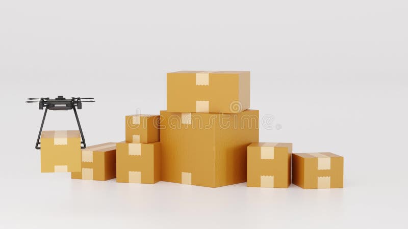 Drone Delivering Parcel Box Around Cardboard Box Stack, Futuristic ...
