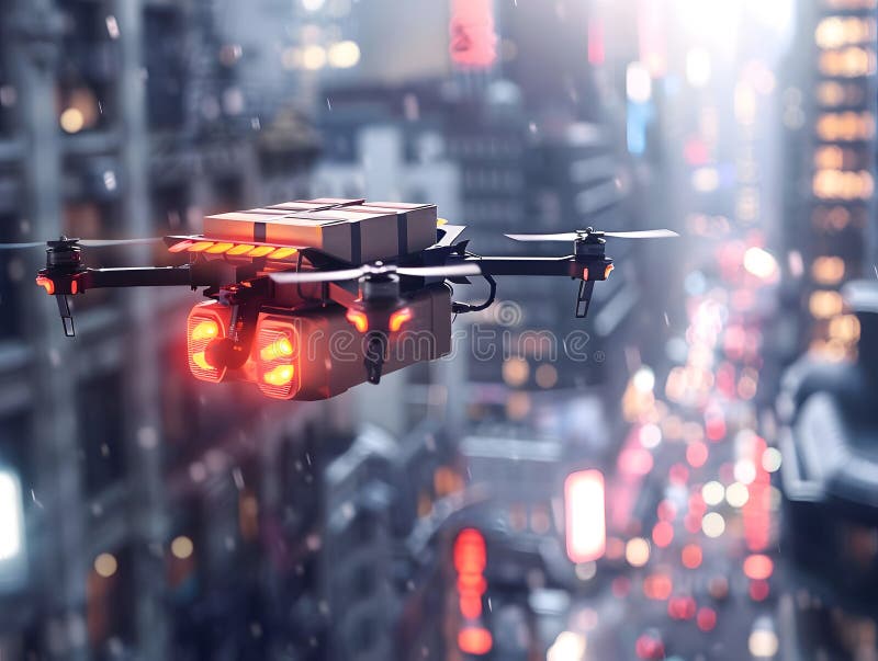 A Drone Delivers a Package in the City. Artificial Intelligence. Stock ...