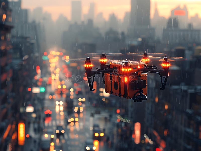 A Drone Delivers a Package in the City. Artificial Intelligence. Stock ...