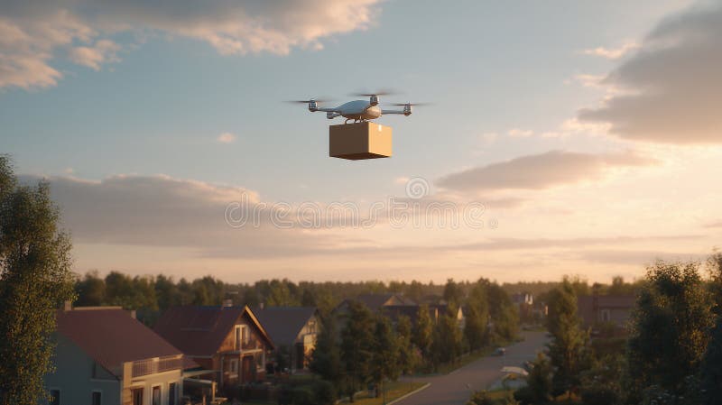 A Drone Delivers a Package Over a Quiet Area at Sunset, Enhancing ...