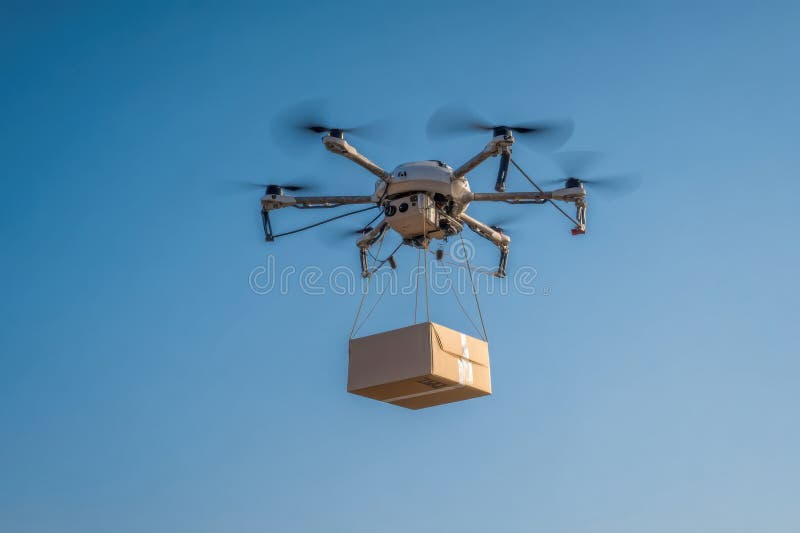 Drone Delivers Parcel through Contactless Drop in Clear Blue Sky at ...