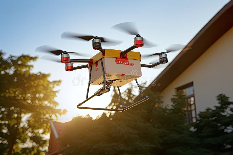 Drone Delivery Box on City, a Flying Drone with Delivery Box Stock ...