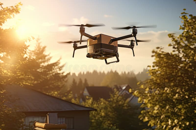 Drone Delivery Box on City, a Flying Drone with Delivery Box Stock ...
