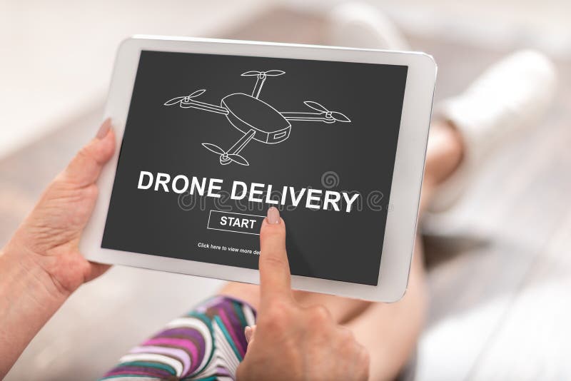 Drone Delivery Concept on a Tablet Stock Image - Image of tablet, hand ...