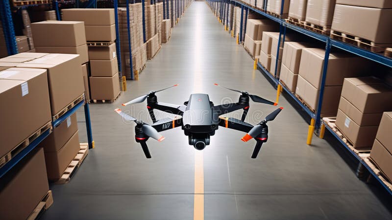A Drone for Delivery Flies in a Modern Warehouse between Rows of Racks ...
