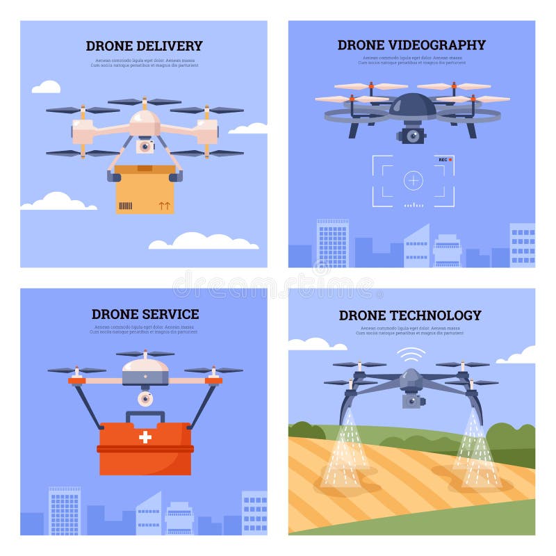 Drone Delivery and Industrial Technologies Banners, Flat Vector ...