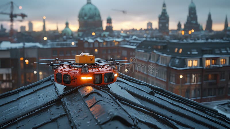 Drone Delivery on Rooftop, Cityscape Background Stock Photo - Image of ...