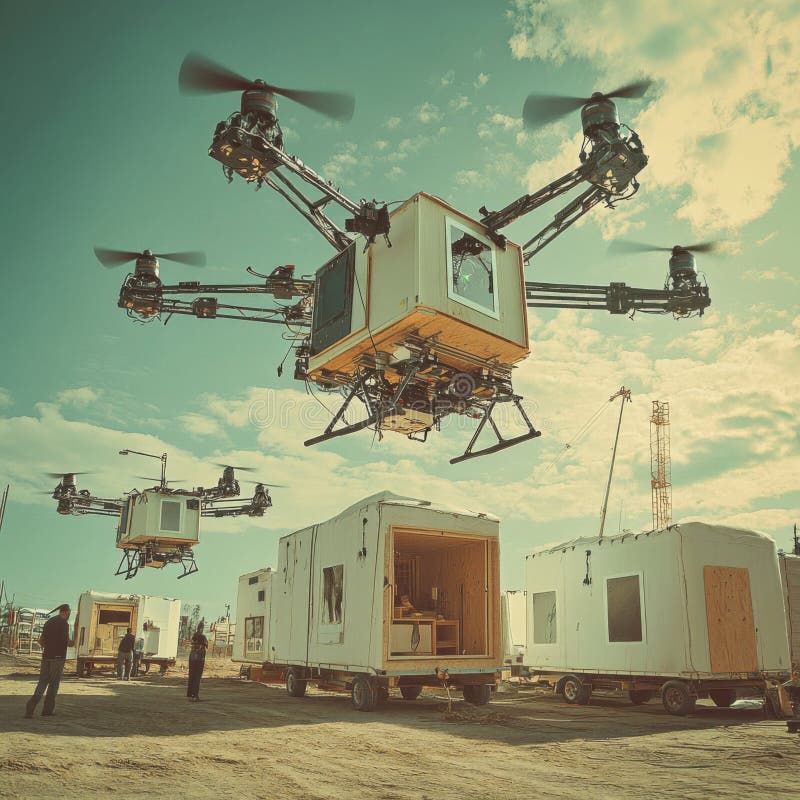 Drone Delivery System in Construction Site with Modular Offices Stock ...