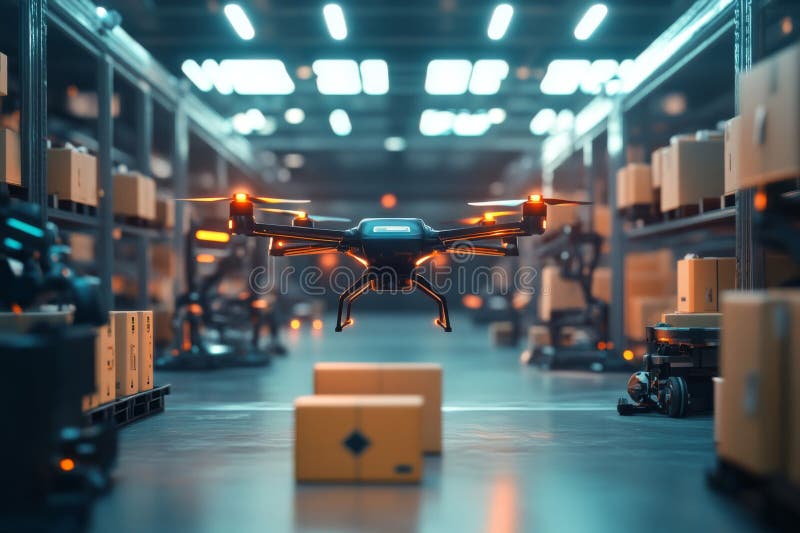 Drone Delivery System in a Modern Warehouse Stock Illustration ...