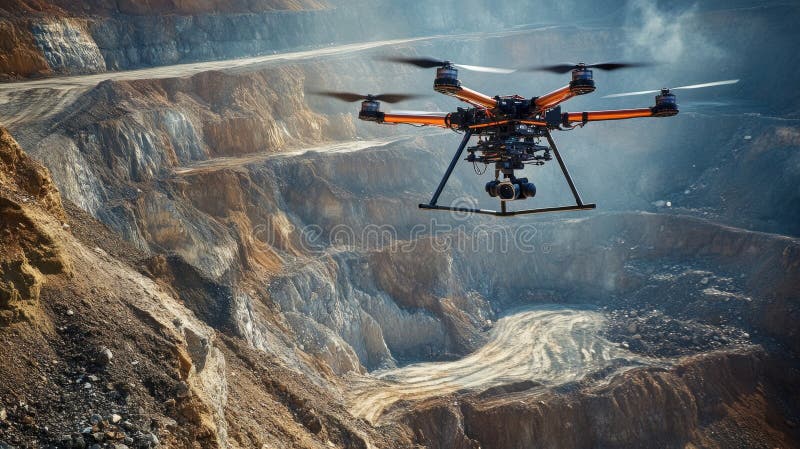 Drone Deploying Sensors For Geospatial Mapping Over Mining Site Stock