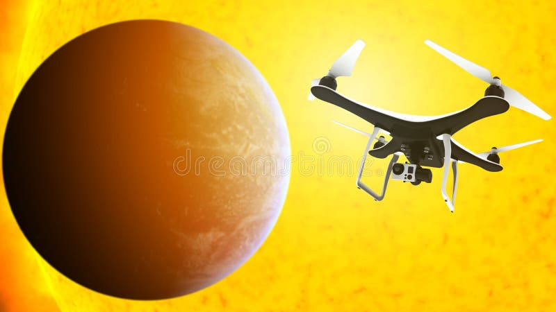 Drone with Digital Camera Flying in Front of the Sun Stock Illustration ...