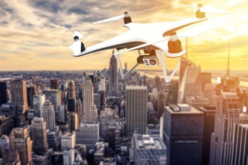 Drone with Digital Camera Flying Over New York City Stock Illustration ...