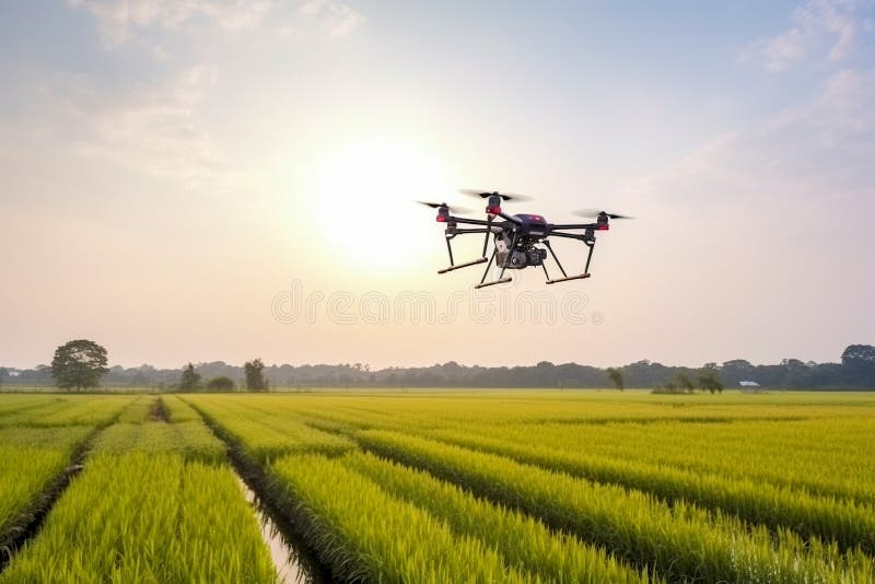 Drone with Digital Camera Flying in the Rice Field at Sunset ...