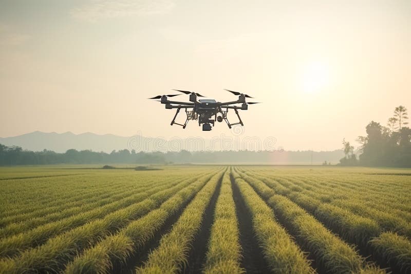 Drone with Digital Camera Flying in the Rice Field at Sunset ...