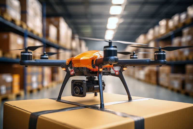 Drone with Digital Camera Flying in Warehouse Stock Illustration ...