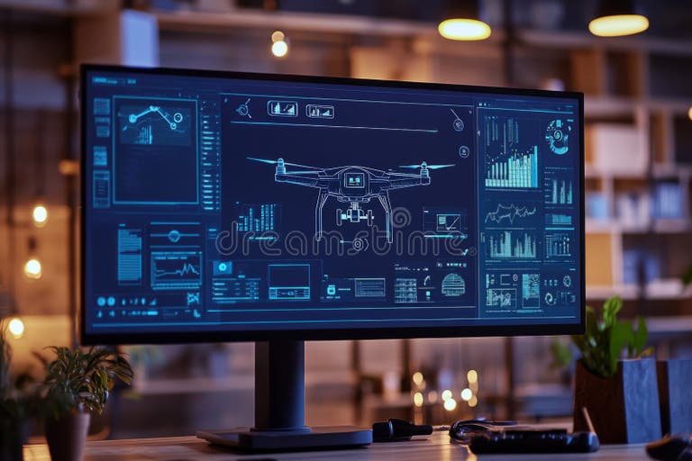 Drone Engineering Software Running on Computer in Modern Office, Displaying Technical Data and ...