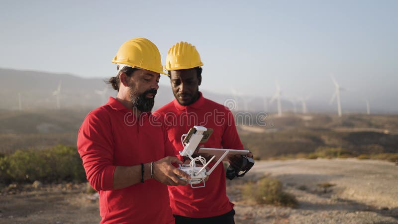 Drone Engineers Working on Eolic Farm Stock Footage - Video of camera ...