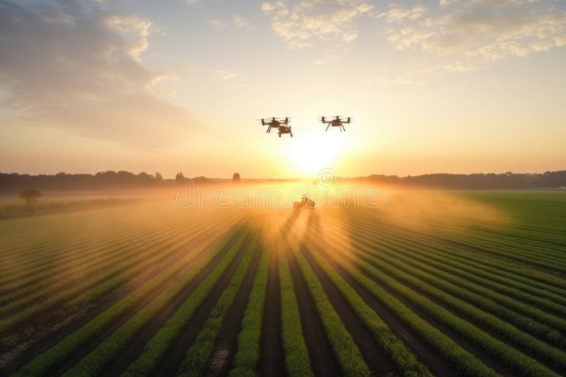 Drones Spray Fertilizer on the Field at Sunset. Generative AI Stock ...