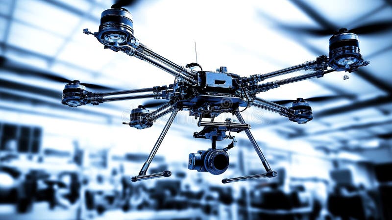 A Drone Equipped with a Camera Hovers in a Spacious Industrial Workshop ...