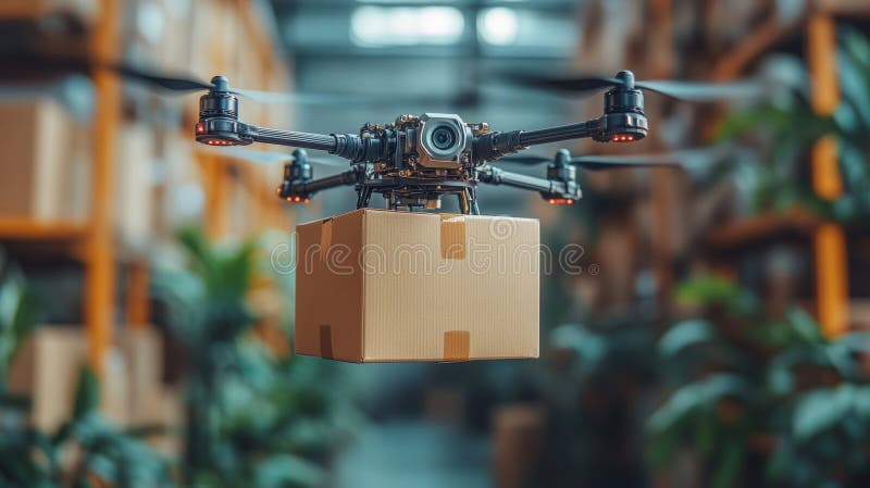 Delivery Drone Transports Package in Automated Logistics Warehouse ...
