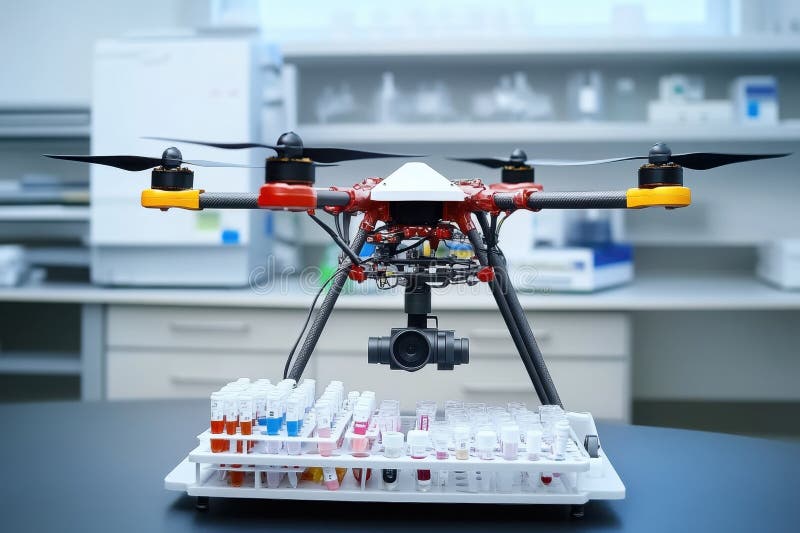 Drone Equipped for Laboratory Research with Sample Vials on Table Stock ...