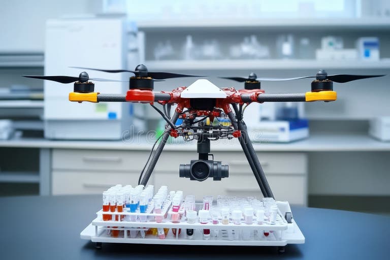 Drone Equipped for Laboratory Research with Sample Vials on Table Stock ...