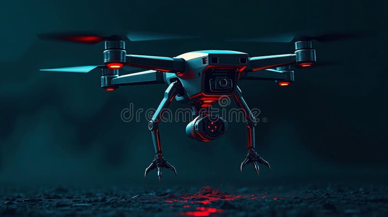 Drone Takes Off with Robotic Bird Legs in Deep Teal and Red Light Stock ...