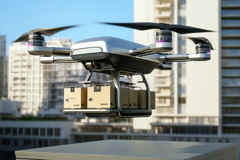 Delivery Drone Transporting Packages Over Urban Landscape on a Clear ...